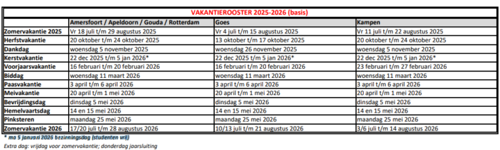 Vakantierooster 2025-2026 - Hoornbeeck College